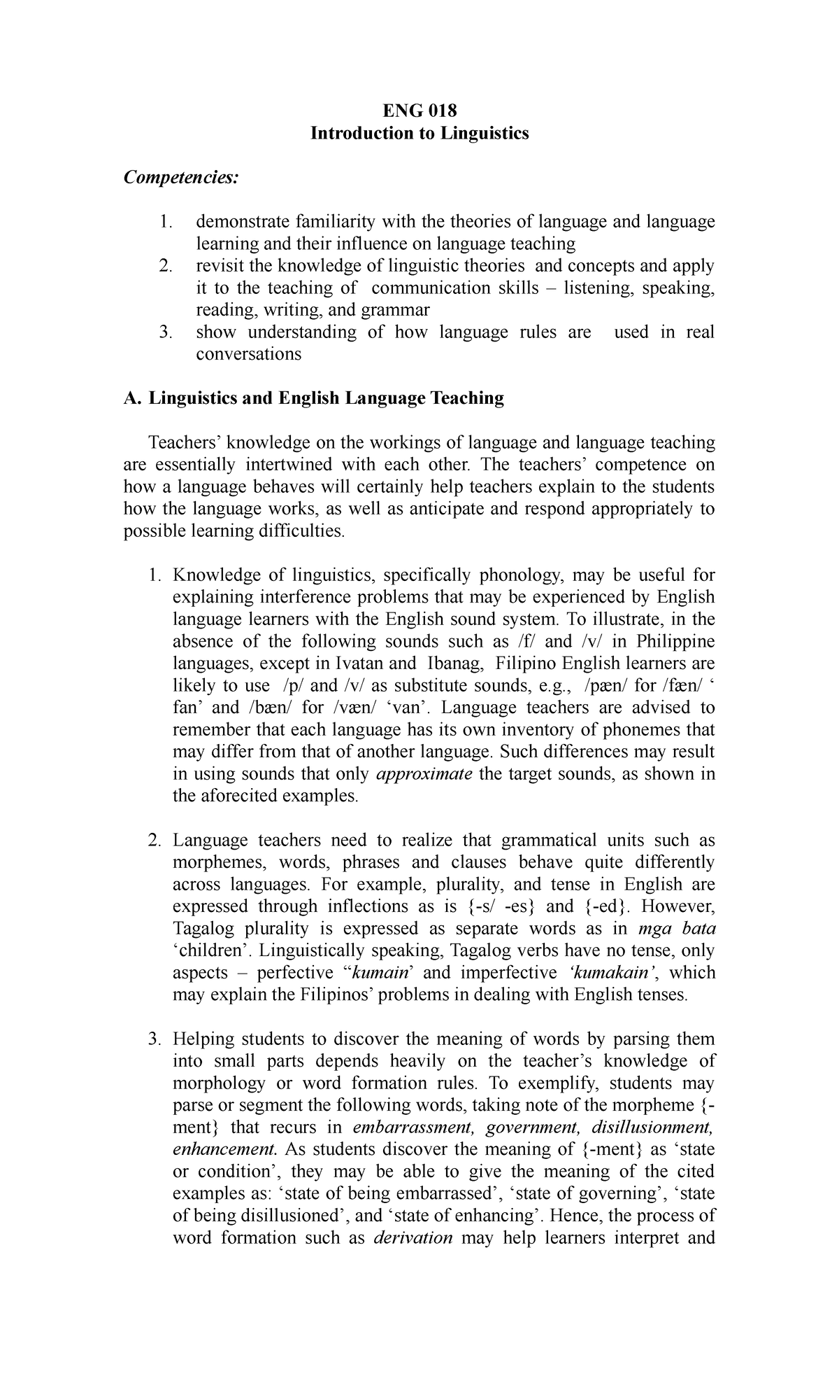 ENG 011 Intro L1 - ENG 018 Introduction to Linguistics Competencies ...
