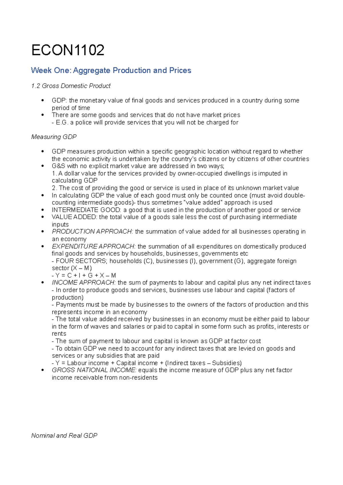 ECON1102-New - notes - ECON Week One: Aggregate Production and Prices 1 ...