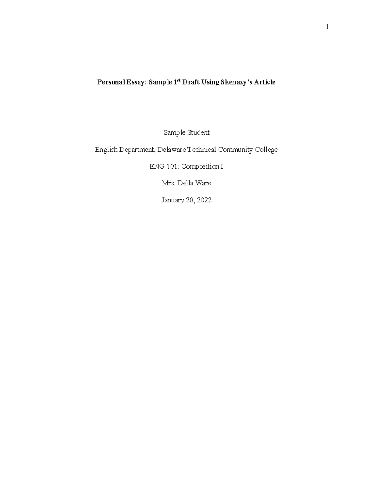 Sample first draft Personal Essay Skenazy's article - Personal Essay ...