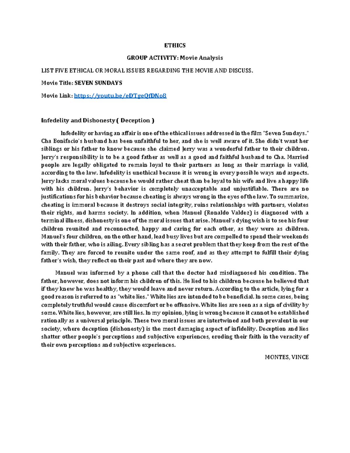 Ethics - GROUP ACTIVITY: Movie Analysis - ETHICS GROUP ACTIVITY: Movie ...