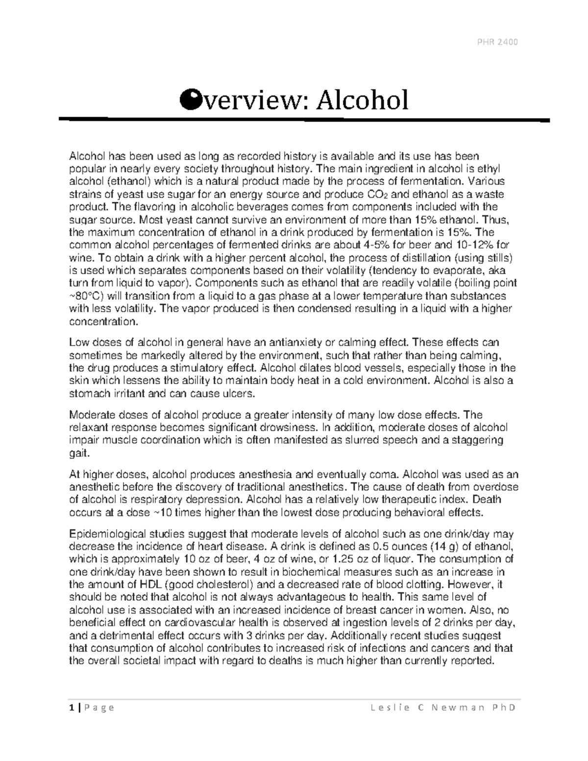 Alcohol Overview - PHR 2400 1 | P a g e L e s l i e C N e w m a n P h D ...