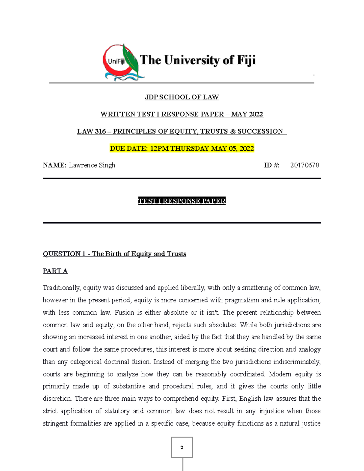 LAW 316 Written TEST 1 Response Submission - Lawrence Singh - 2017 0678 ...