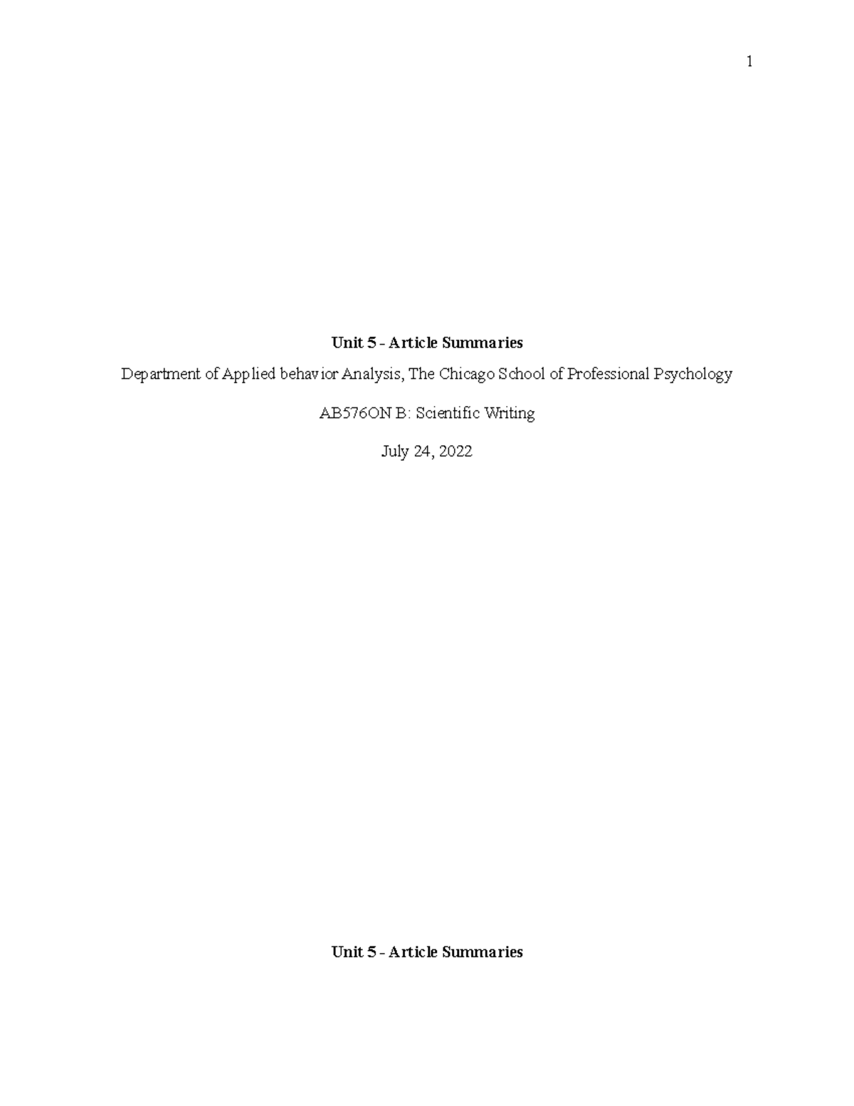 Article summaries - Unit 5 - Article Summaries Department of Applied behavior Analysis, The ...
