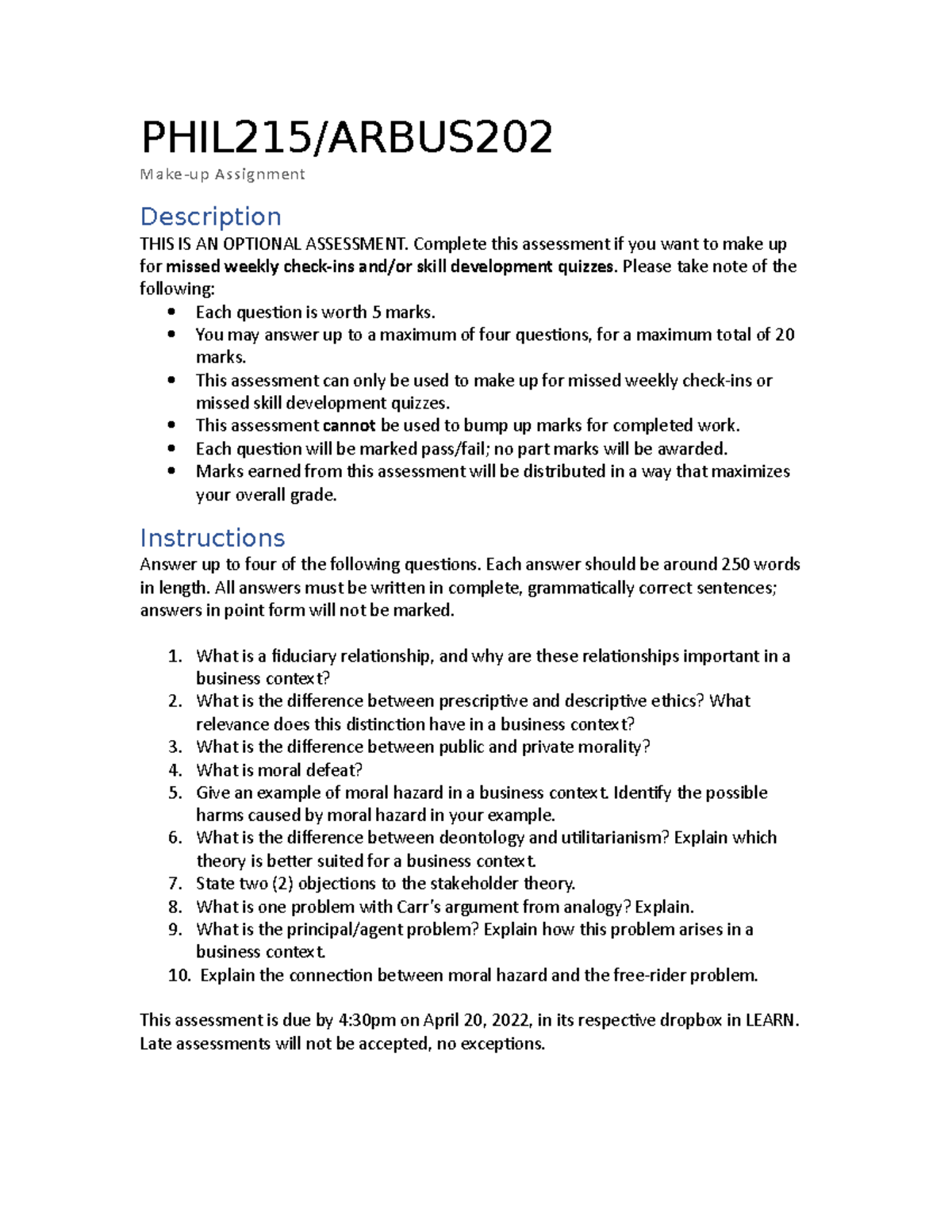 PHIL215- Arbus 202 Make Up Assessment 1221 - PHIL215/ARBUS Make-up Assignment Description THIS ...