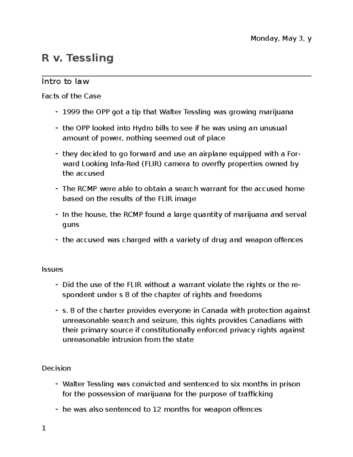R v. Tessling - Lecture notes 3 - Sunday, January 5, y R v. Tessling ...
