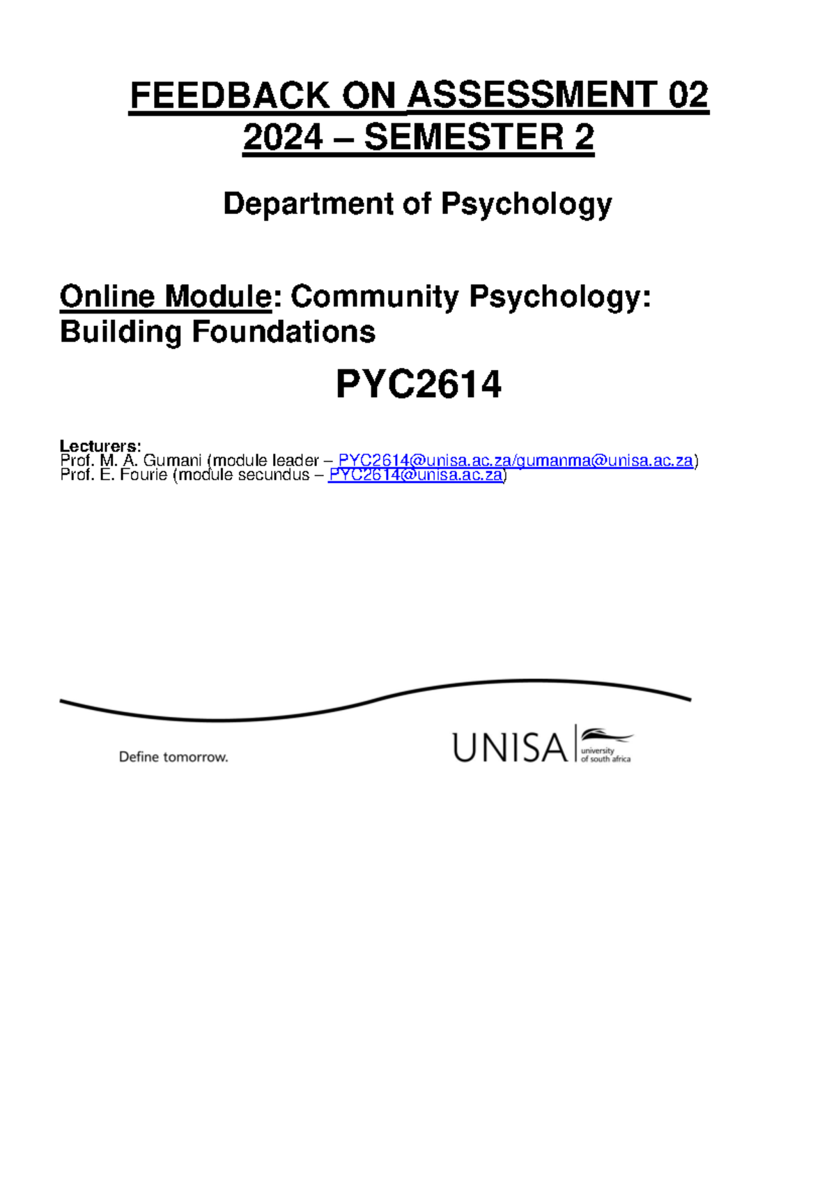 PYC2614 Assessment Feedback - FEEDBACK ON ASSESSMENT 02 2024 – SEMESTER 2 Department of ...