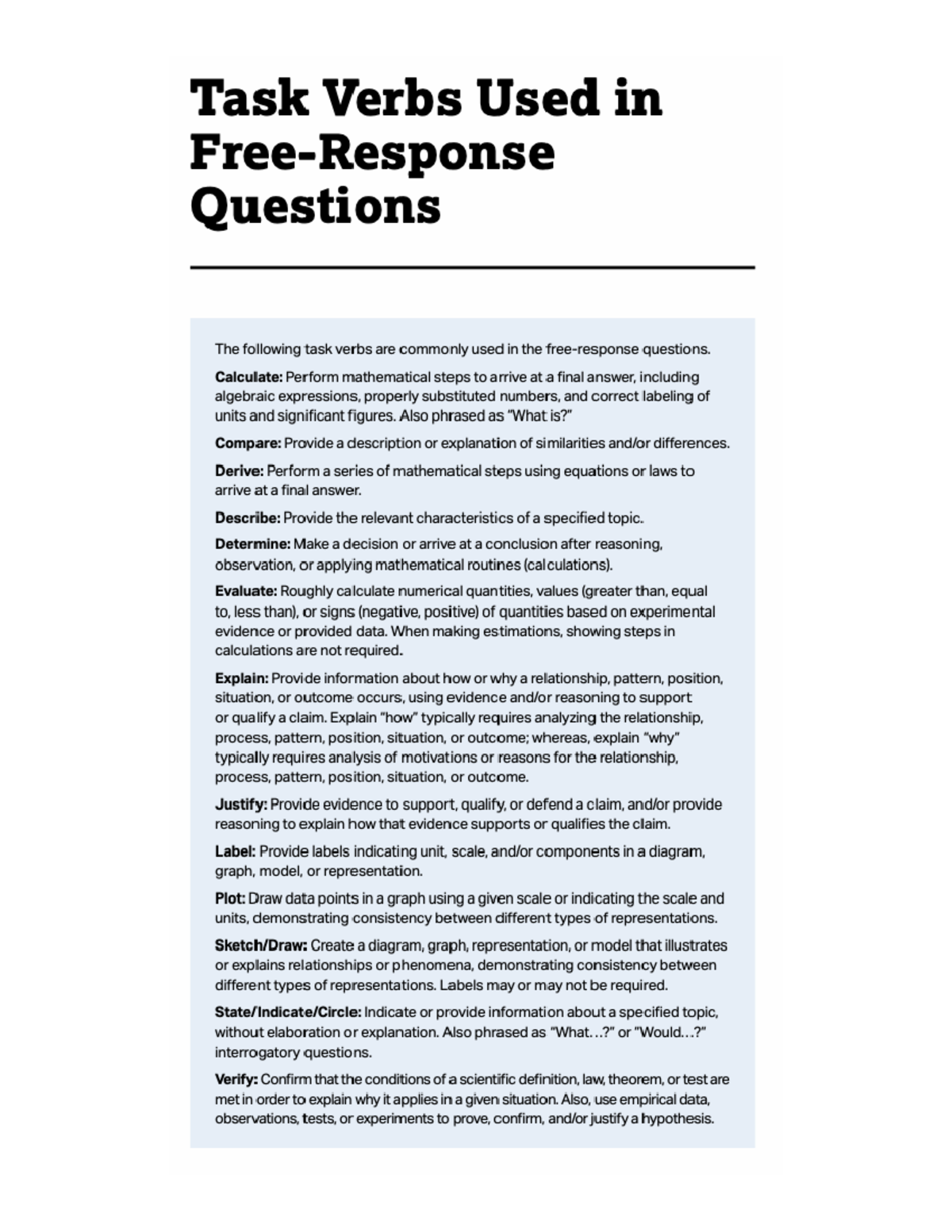 FRQ Cheat Sheet - Task Verbs Used in Questions The following task verbs ...