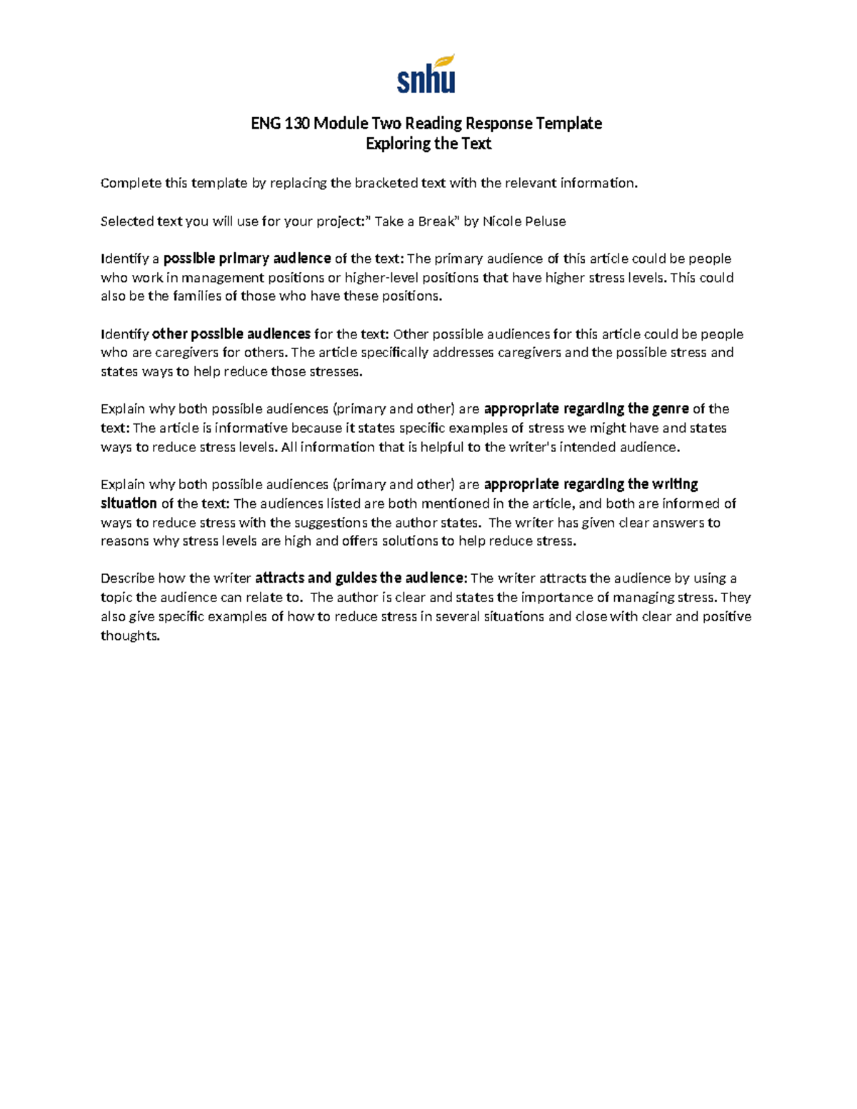 ENG 130 Module Two Reading Response - Selected text you will use for ...