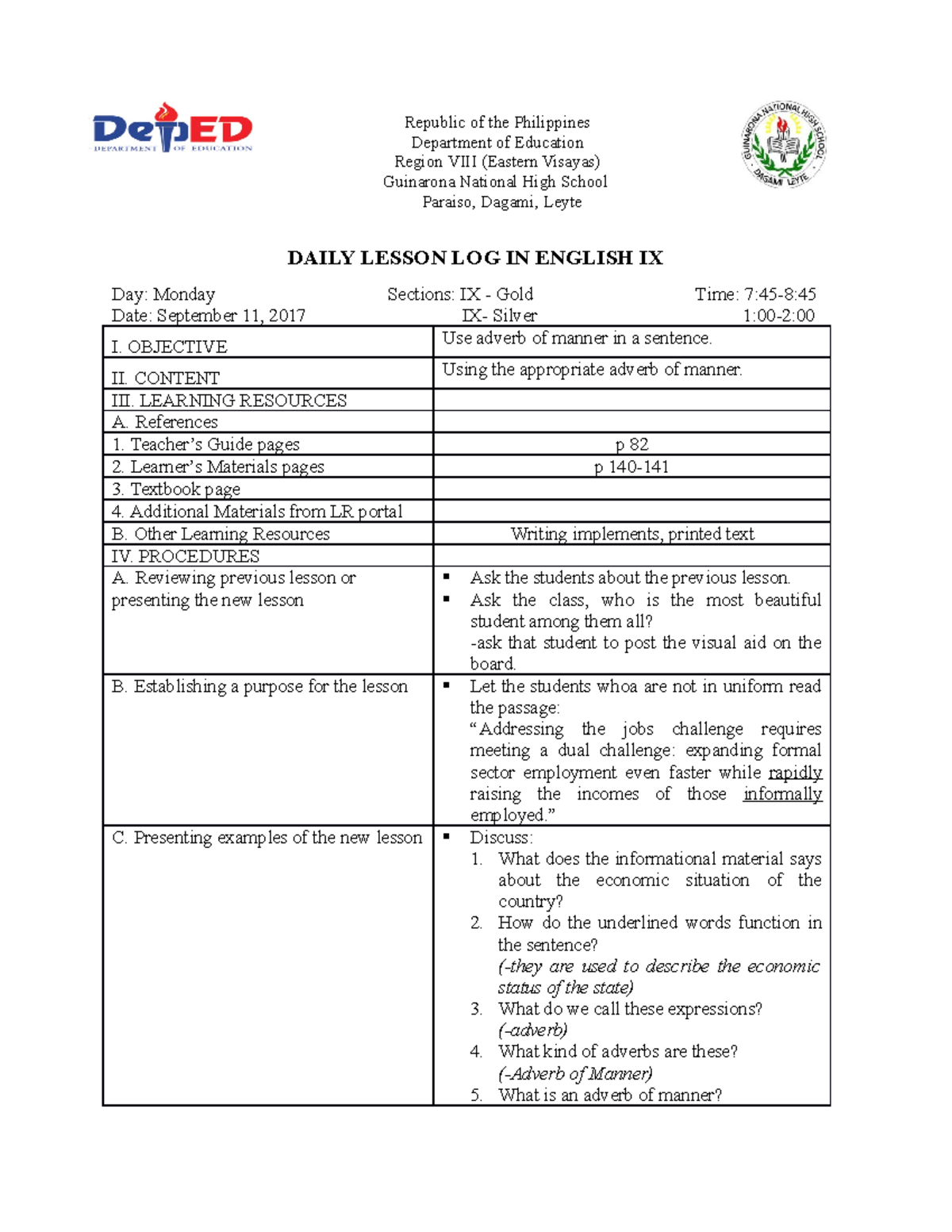 Grade 9- Sept. 11, 2017 - Daily Lesson Log in English 9 and 10 ...