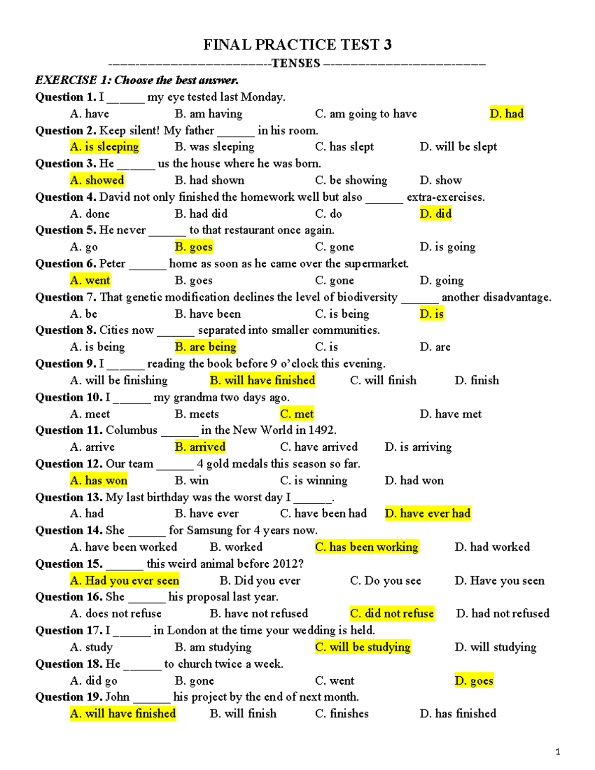 Final Practice TEST 3 - abc - FINAL PRACTICE TEST 3 -TENSES - EXERCISE ...
