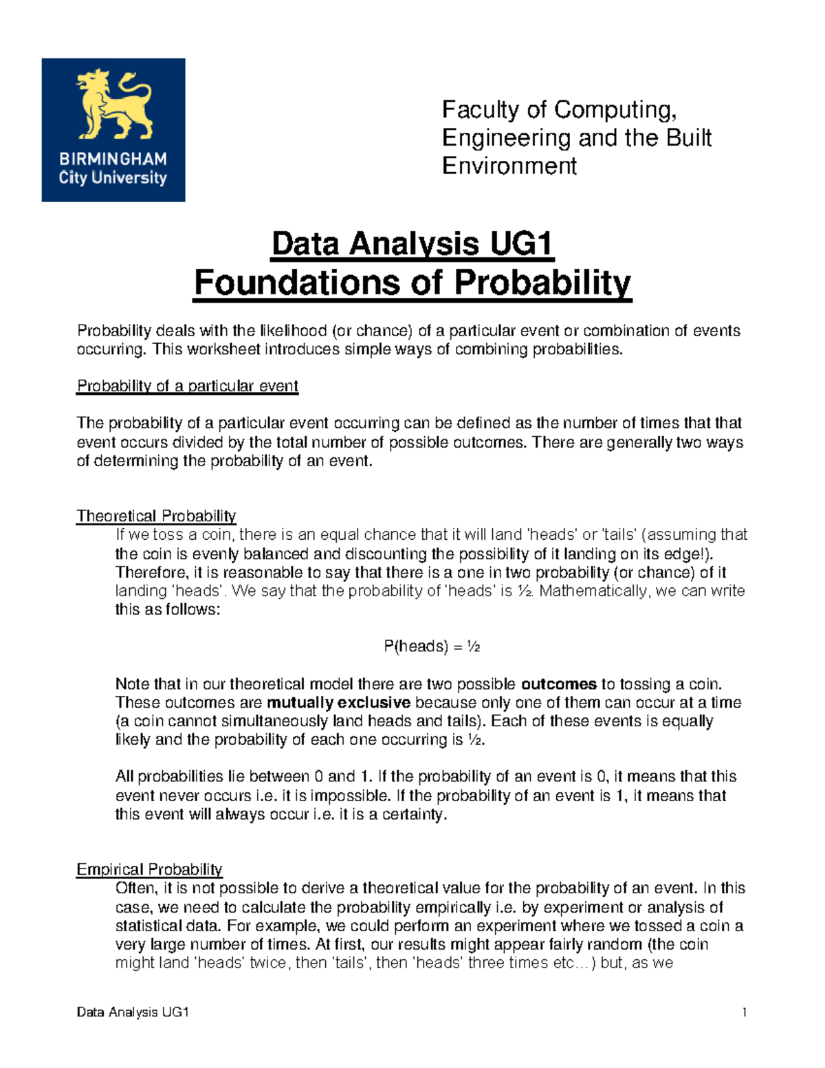 Foundations Of Probability - Faculty of Computing, Engineering and the ...