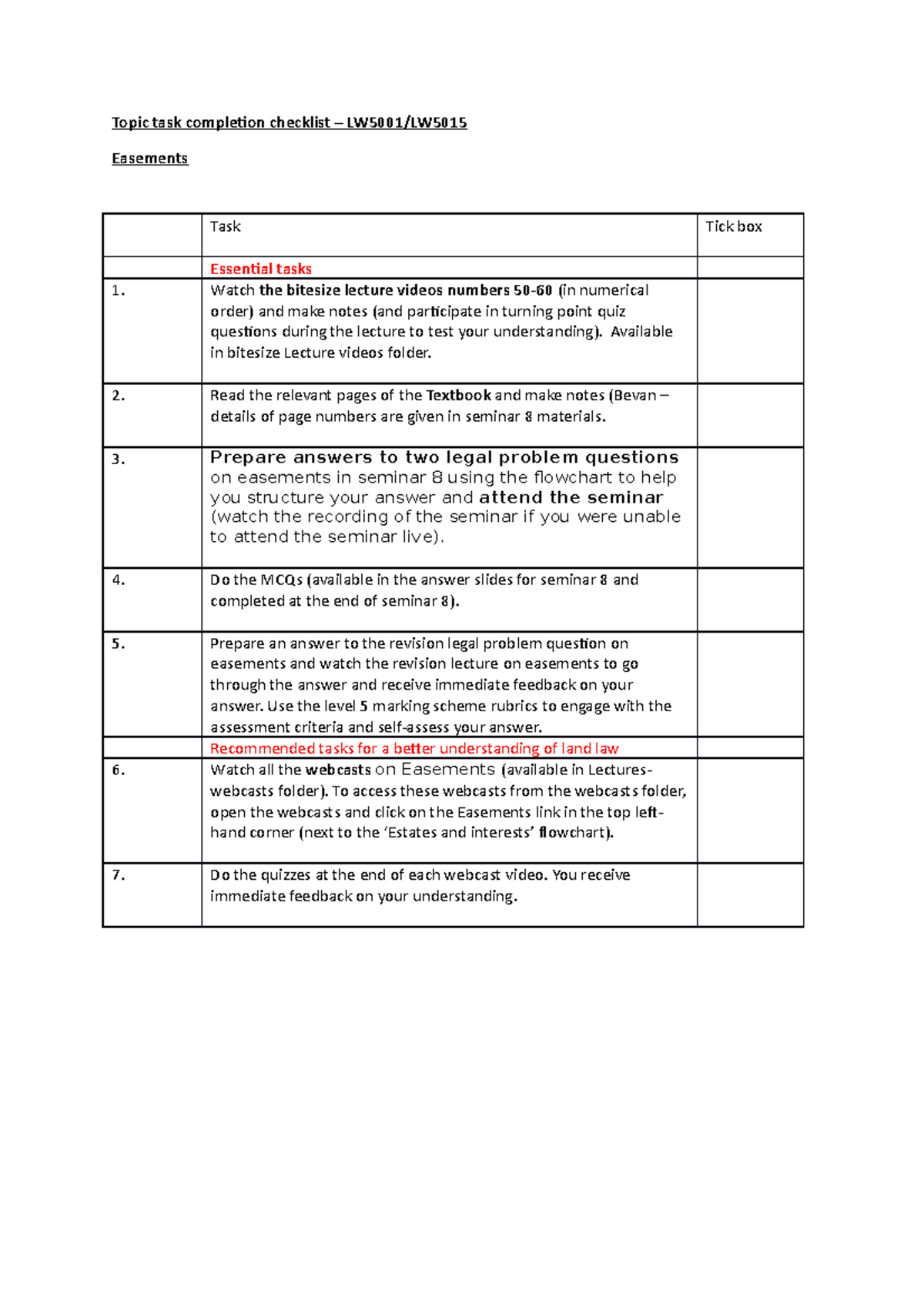 Topic task completion checklist - Easements LW5001 - Topic task ...