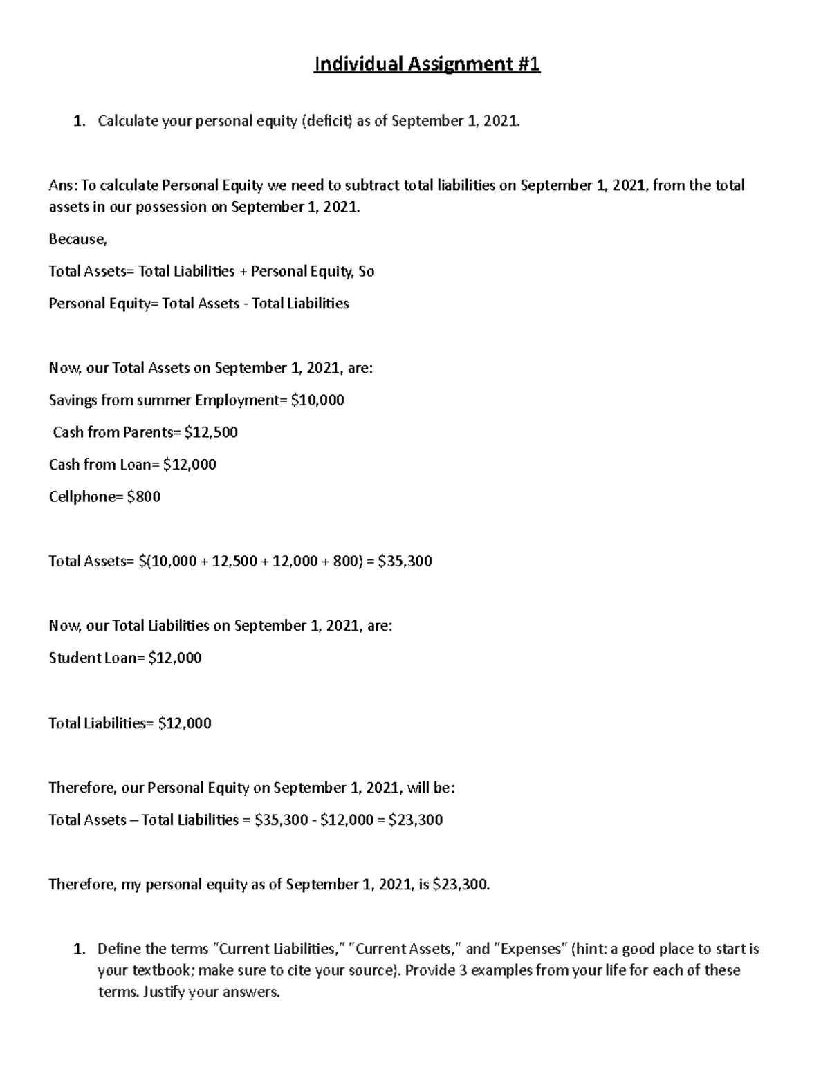 Accounting Assignment 1 - Individual Assignment Calculate your personal ...