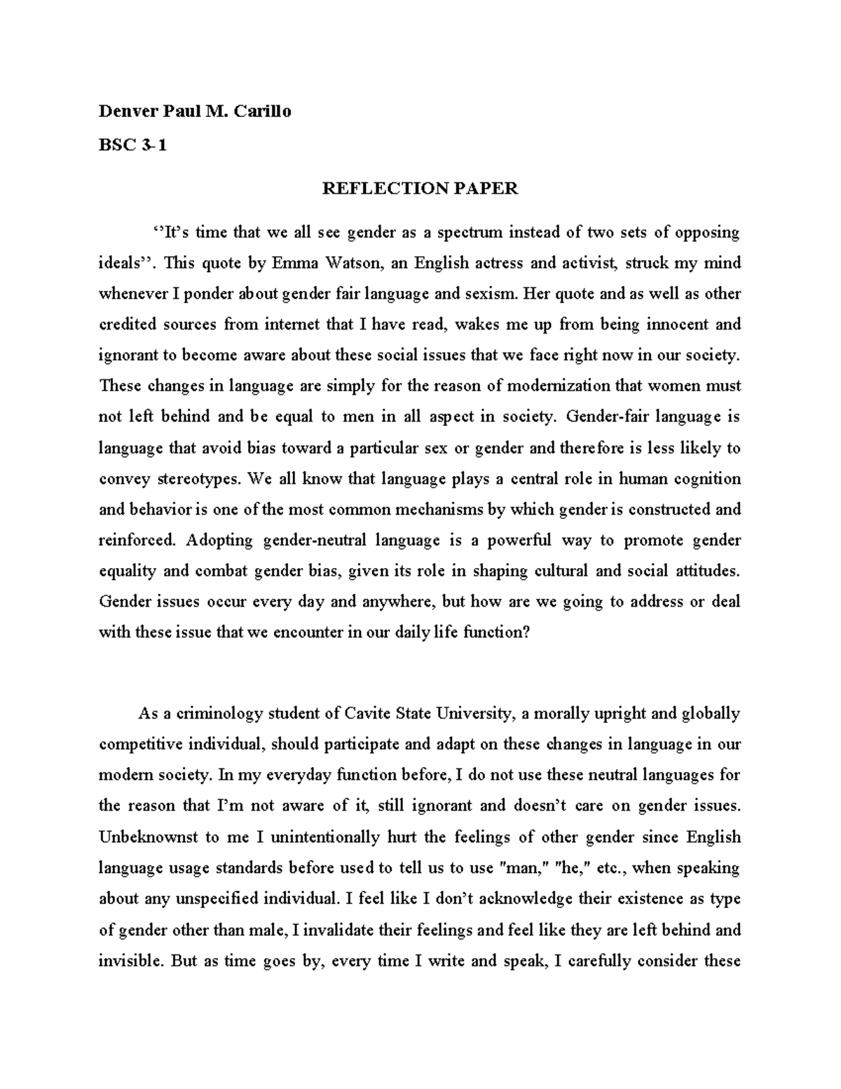 Reflection paper - Denver Paul M. Carillo BSC 3- REFLECTION PAPER ‘’It ...