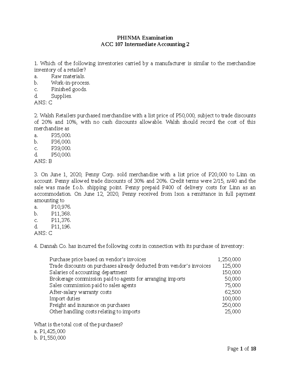 Intacc 2MC - PHINMA Examination ACC 107 Intermediate Accounting 2 Which ...
