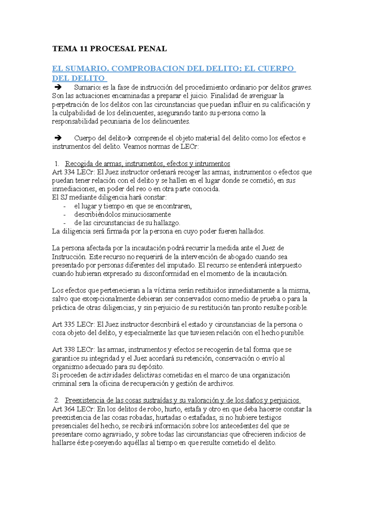 TEMA 11 PP nuevo - procesal penal t 11 - TEMA 11 PROCESAL PENAL EL SUMARIO. COMPROBACION DEL ...