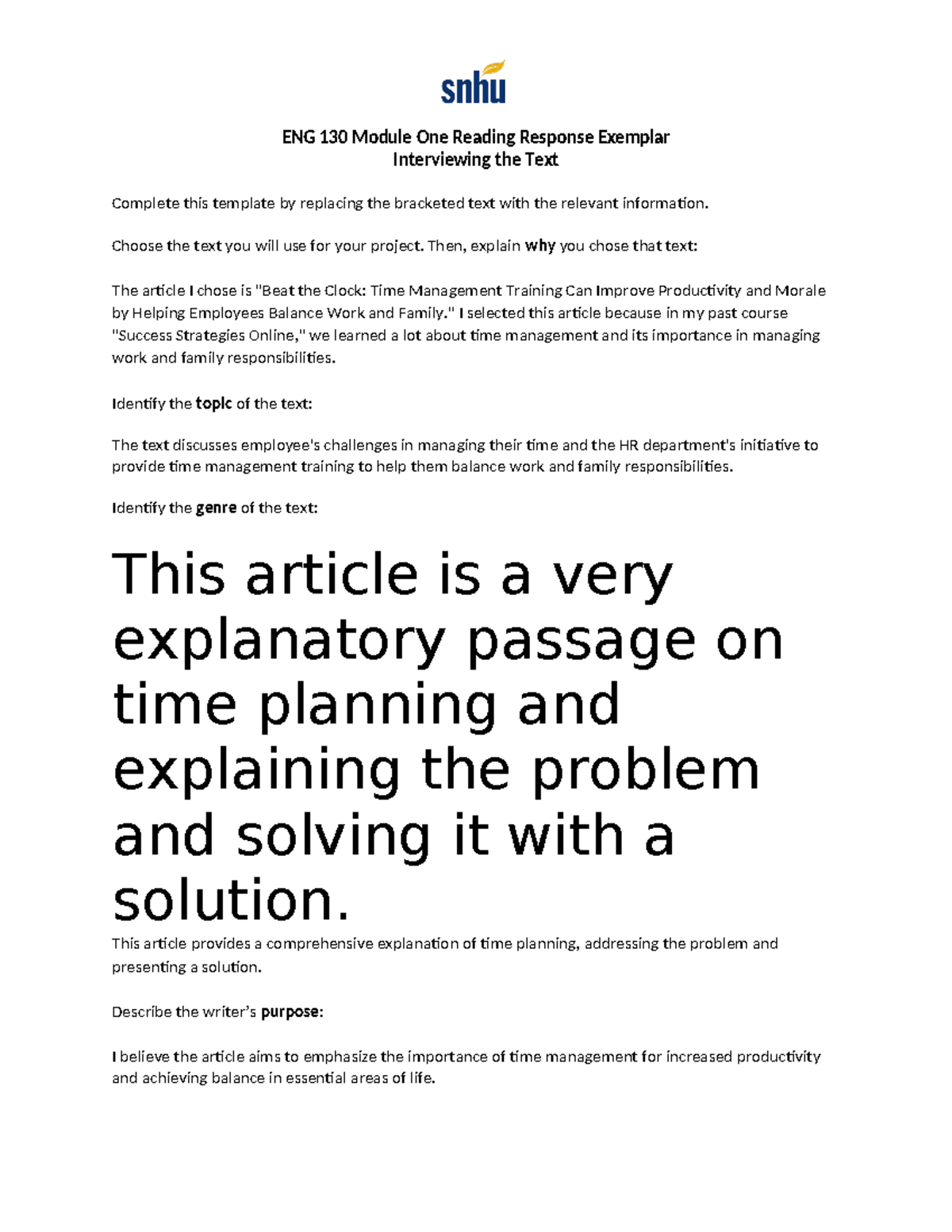 ENG 130 Module One Reading Response Exemplar (1) - ENG 130 Module One Reading Response Exemplar ...