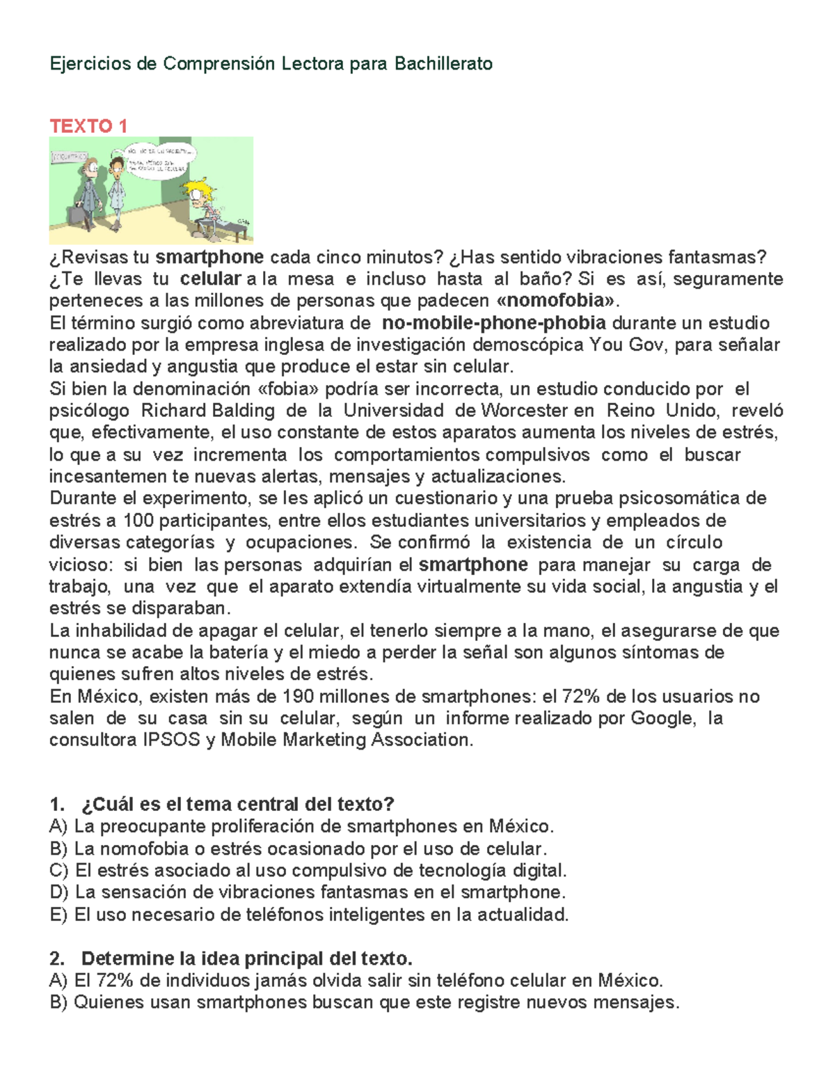 Ejercicios de Comprensión Lectora para Bachillerato - Ejercicios de Comprensión Lectora para ...