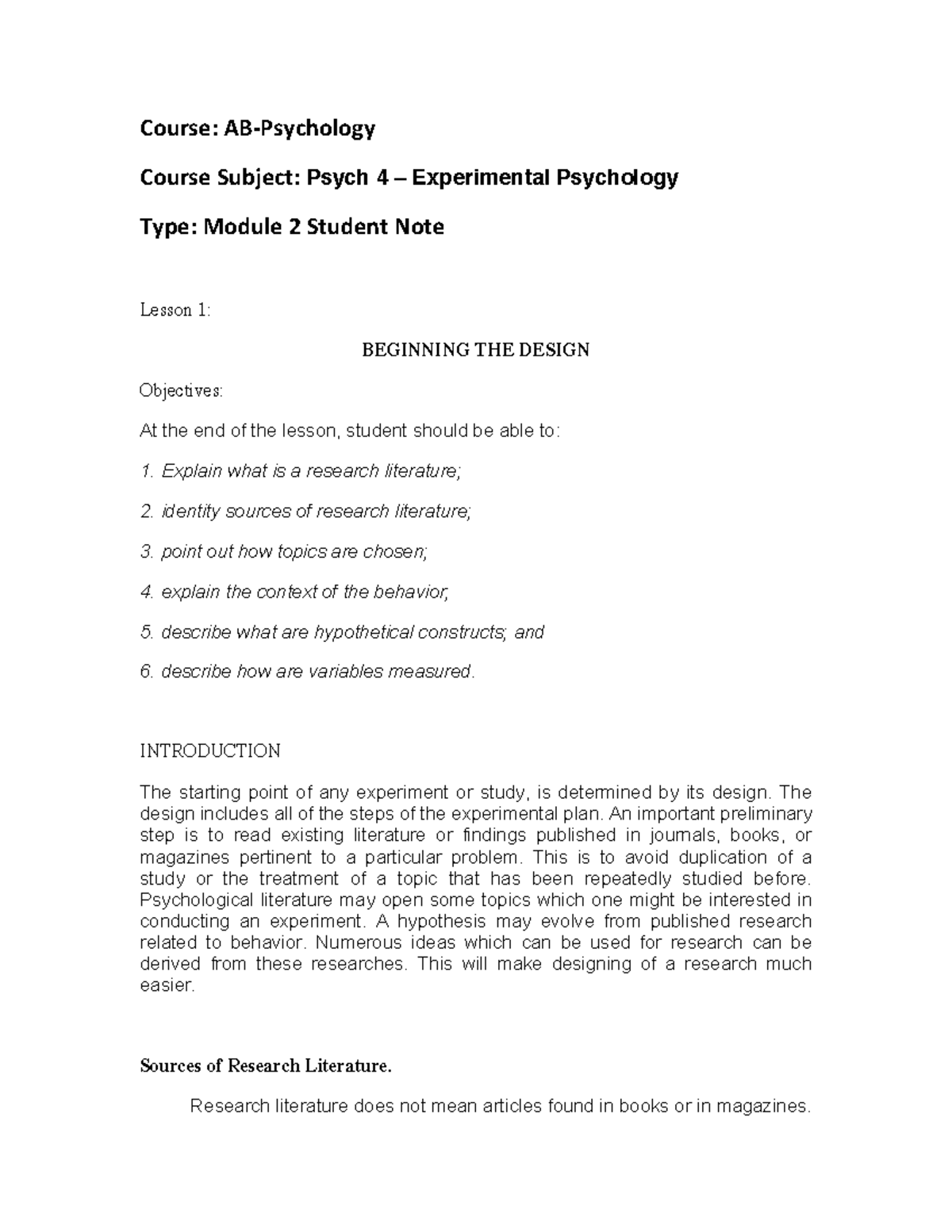 Psych 4 Experimental Psychology - Module 2 Beginning the Design ...