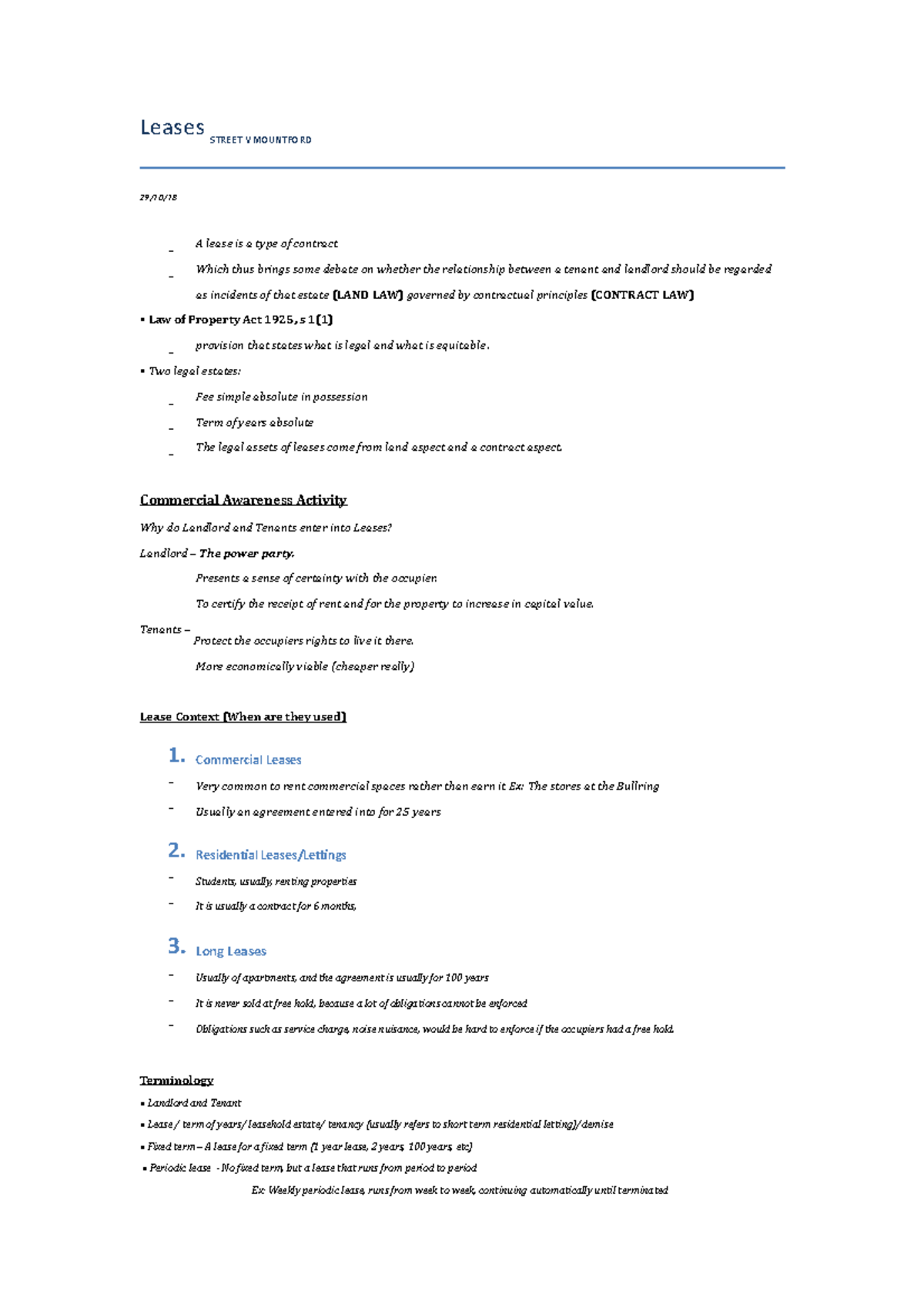 Leases - Lecture notes 5-7 - Leases STREET V MOUNTFORD 29/10/ - A lease ...