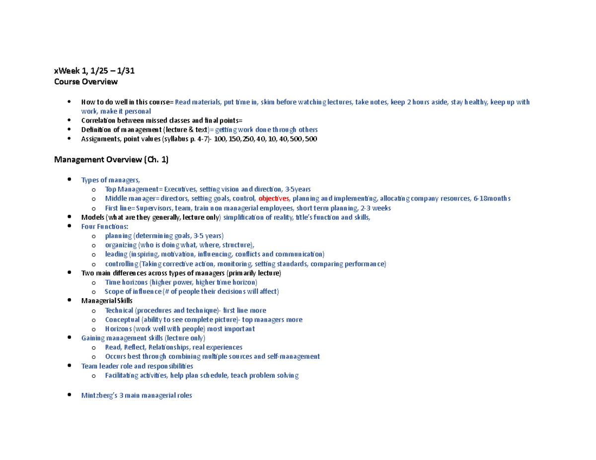 Intro to management Midterm 1 - xWeek 1, 1/25 – 1/ Course Overview How ...