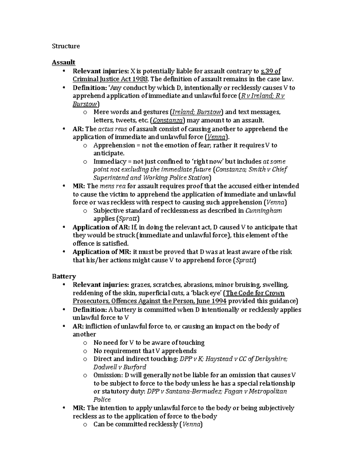 OAPA- problem Q - notes - Structure Assault - Relevant injuries: X is ...