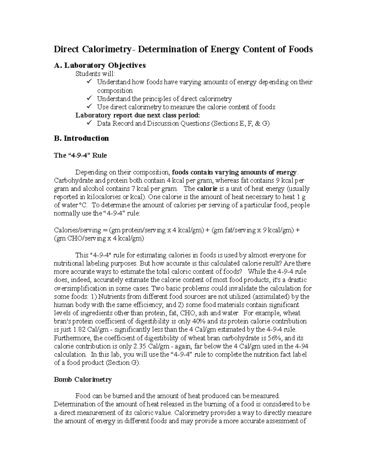 Direct Calorimetry 2 - Determination of Energy content of foods ...