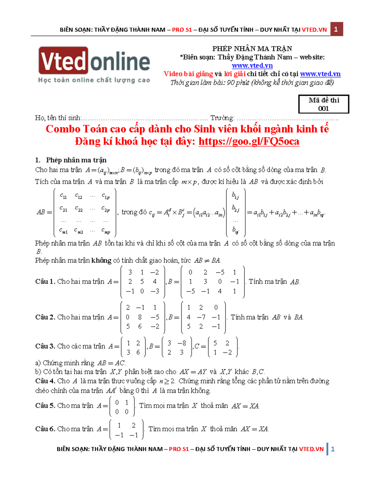 đề - aaaa - PHÉP NHÂN MA TR¾N *Biên so¿n: Th¿y ¿ng Thành Nam – website: vted Video bài gi¿ng và ...