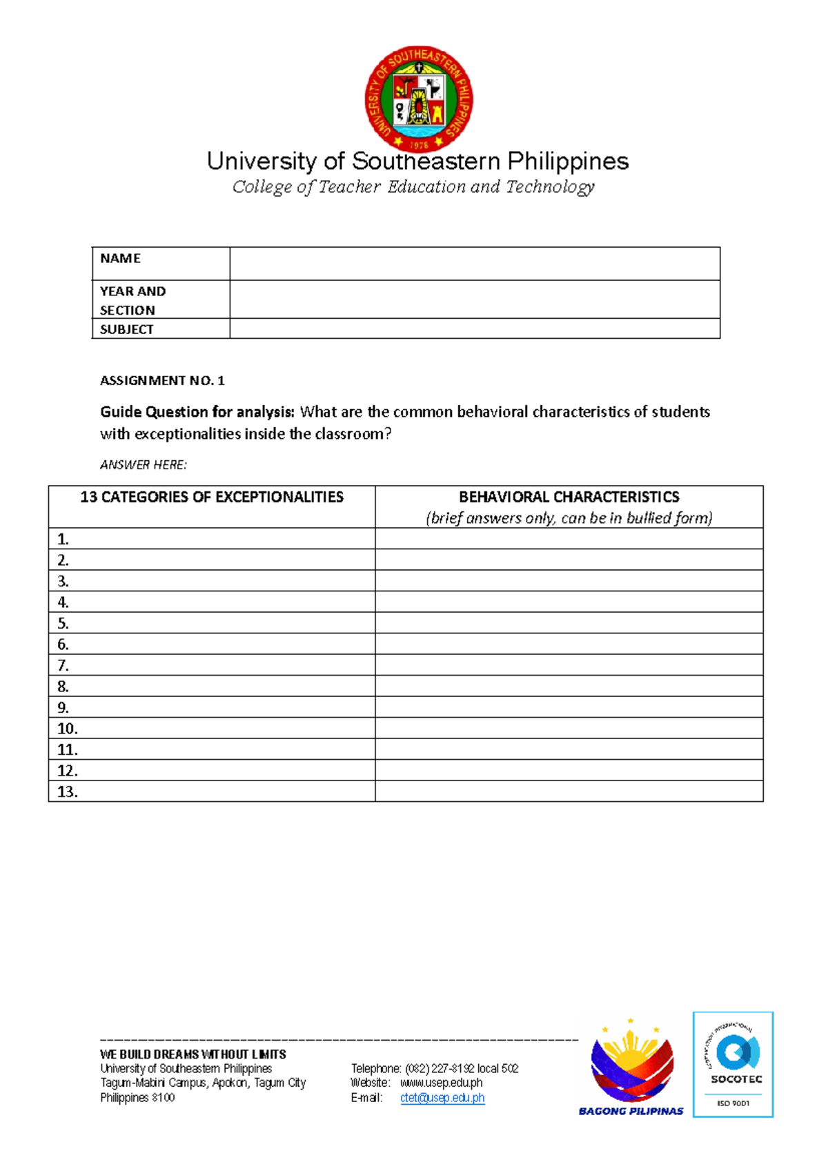 Assignment-No - University of Southeastern Philippines College of ...