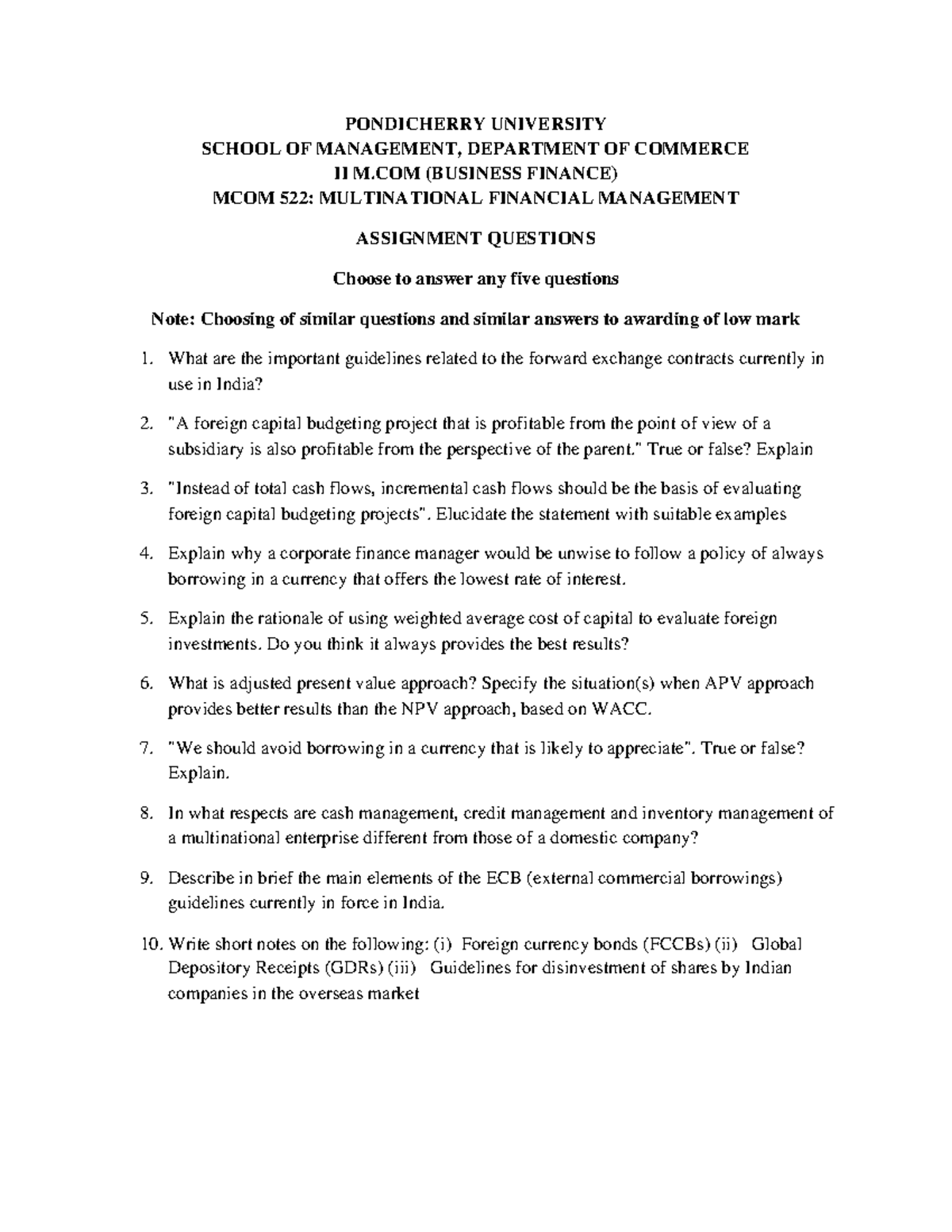 Assignment questions - PONDICHERRY UNIVERSITY SCHOOL OF MANAGEMENT ...