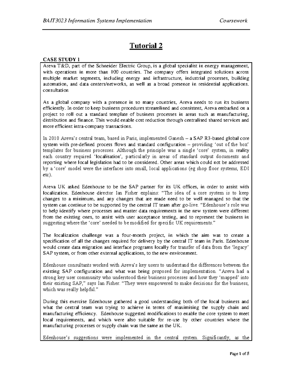 BAIT3023 Tutorial 2 - 123 - Tutorial 2 CASE STUDY 1 Areva T&D, part of ...