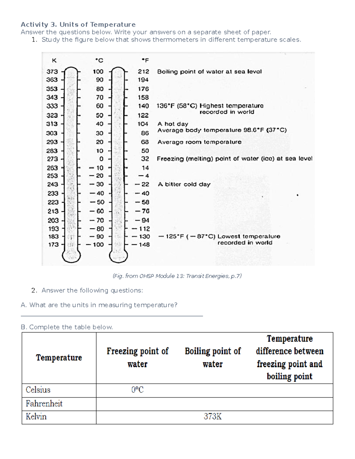 Activity Heat and temperature - Activity 3. Units of Temperature Answer ...