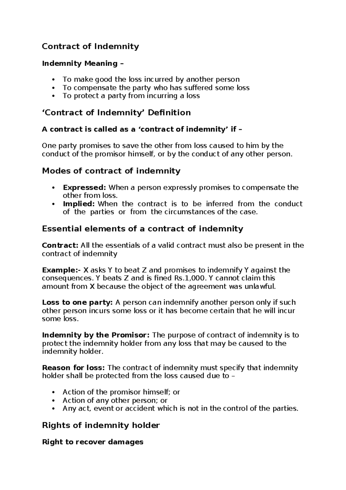 Contract of indemnity - brief note - Contract of Indemnity Indemnity ...