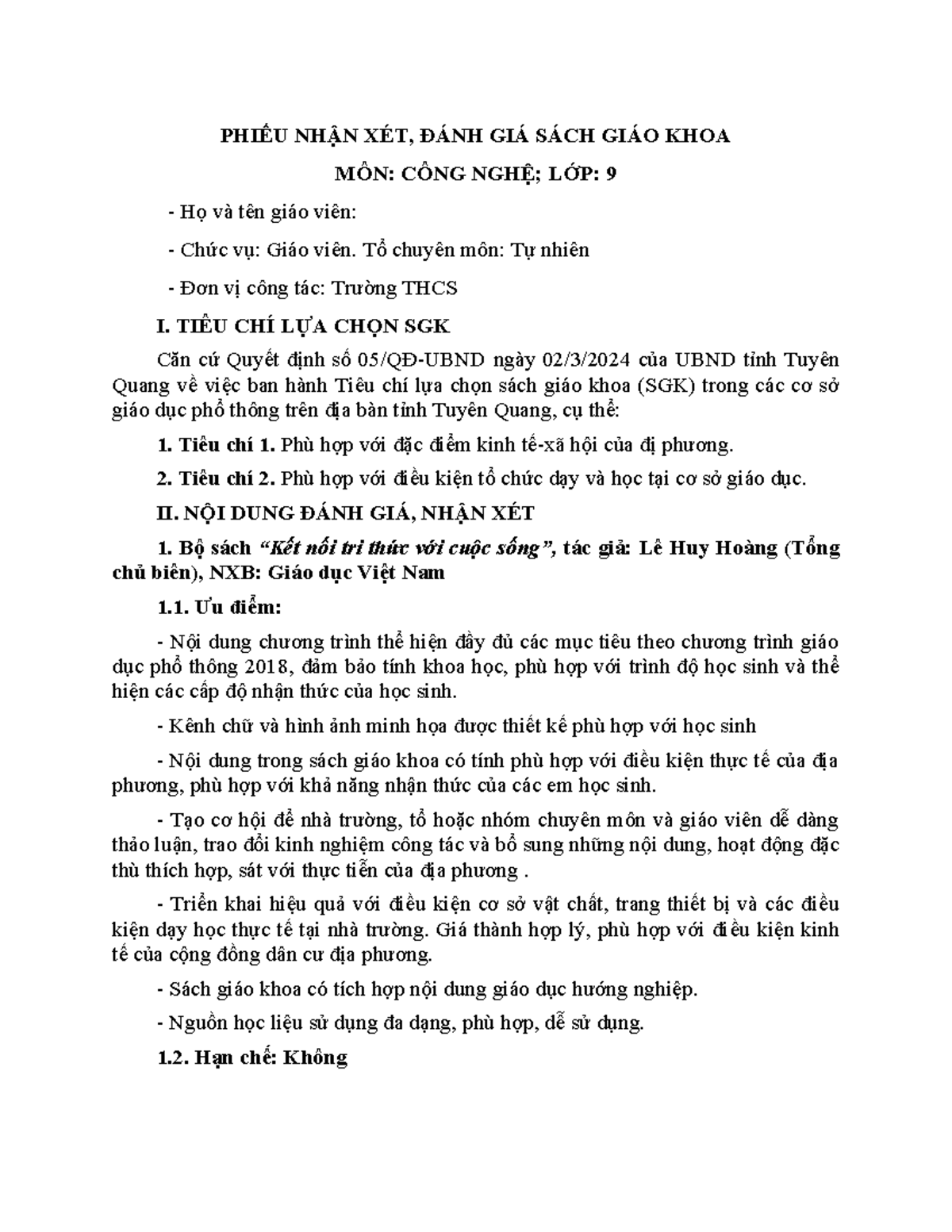 Phieu-nhan-xet-danh-gia-sgk-cong-nghe-9 - PHIẾU NHẬN XÉT, ĐÁNH GIÁ SÁCH ...