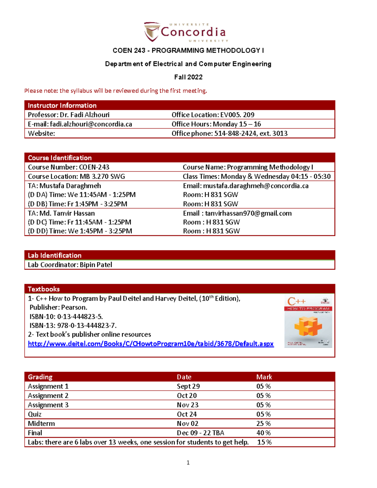 CONE243 Programming Methodology I-syllabus-2022F - COEN 243 ...