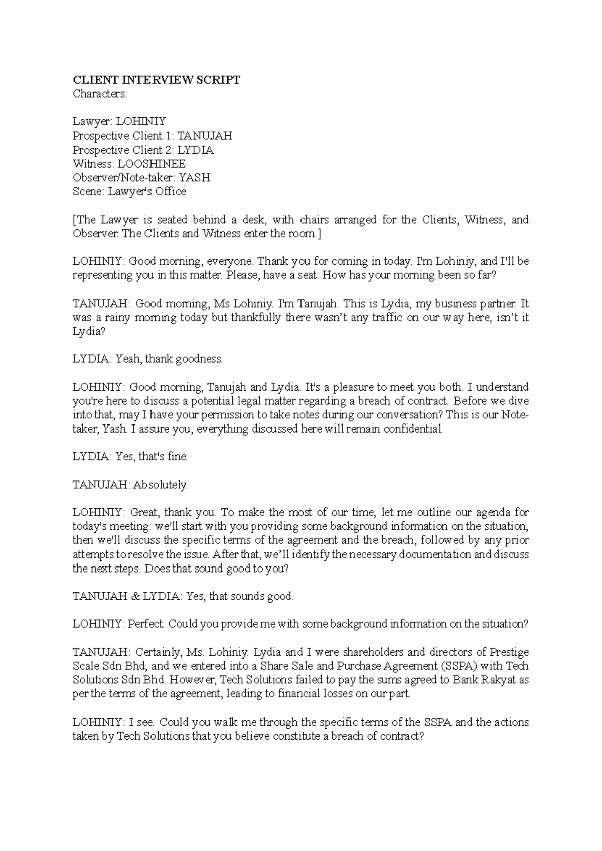 Client Interview Script - CLIENT INTERVIEW SCRIPT Characters: Lawyer: LOHINIY Prospective Client ...