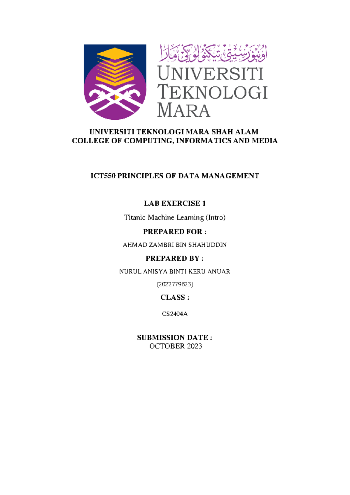 Titanic Machines Learning- Lab 1 exersice (Phyton) - UNIVERSITI ...