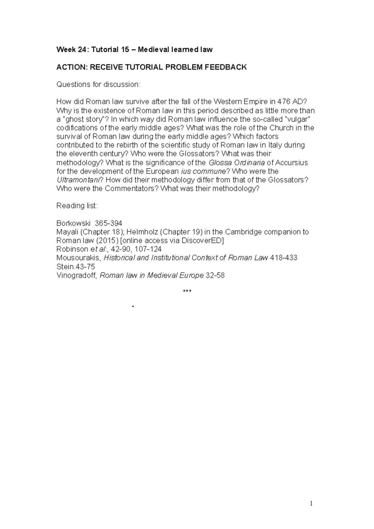 Civil Week 24 Tutorial 15 - Week 24: Tutorial 15 – Medieval learned law ...