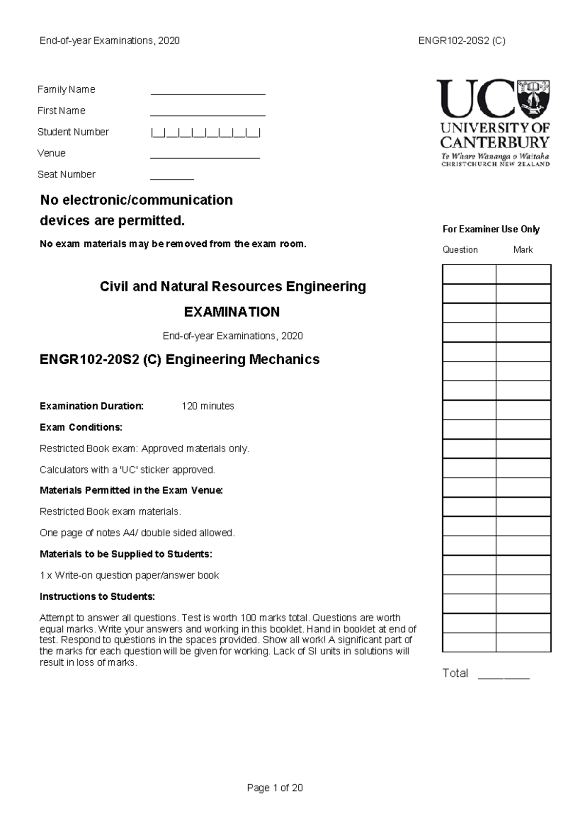 Engr102 exam master v3 202010 - No electronic/communication devices are permitted. No exam ...
