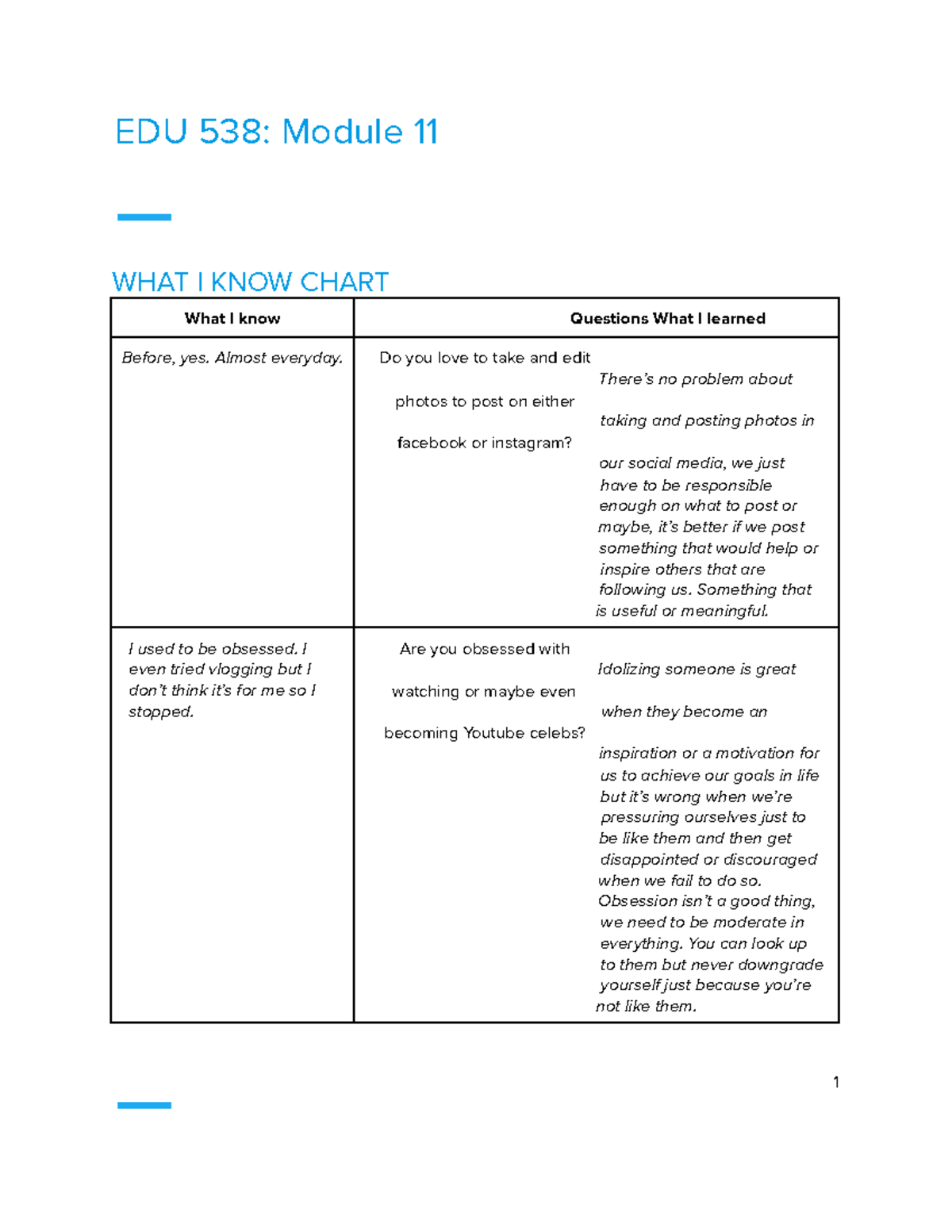 Module 11 - EDU 538: Module 11 WHAT I KNOW CHART What I know Questions ...