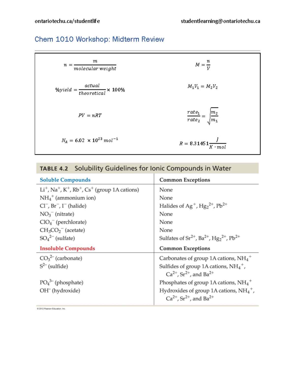 CHEM 1010 MT Review - Chem 1010 Workshop: Midterm Review 𝑛 = 𝑚 ...