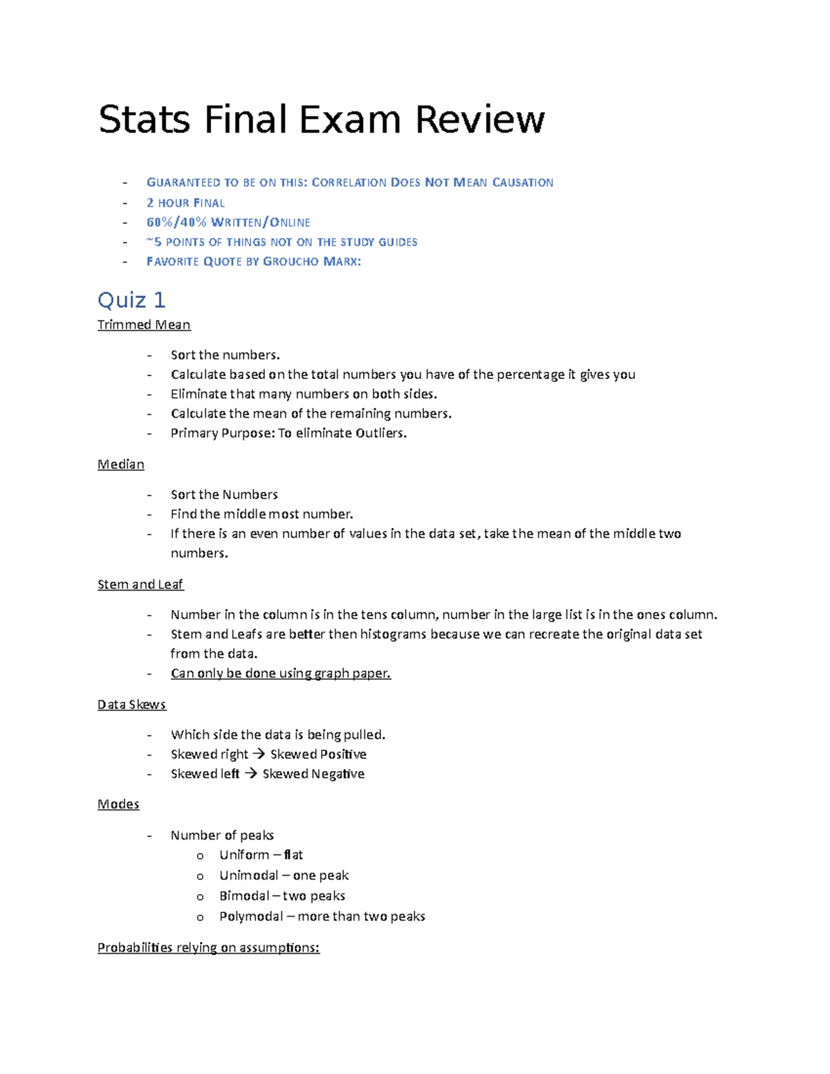 Final Exam Review - Professor Ganning's HW - Stats Final Exam Review ...
