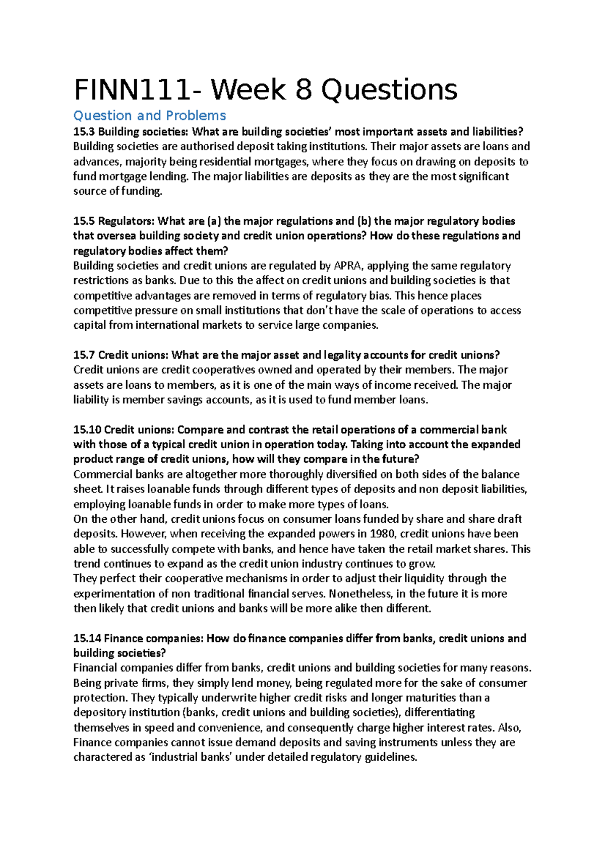 FIN111 - week 8 questions - FINN111- Week 8 Questions Question and ...