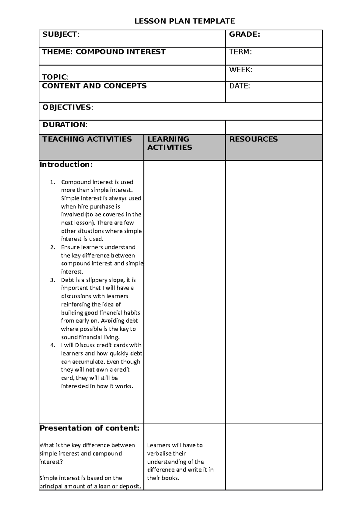 Compound Interest - LESSON PLAN TEMPLATE SUBJECT: GRADE: THEME ...
