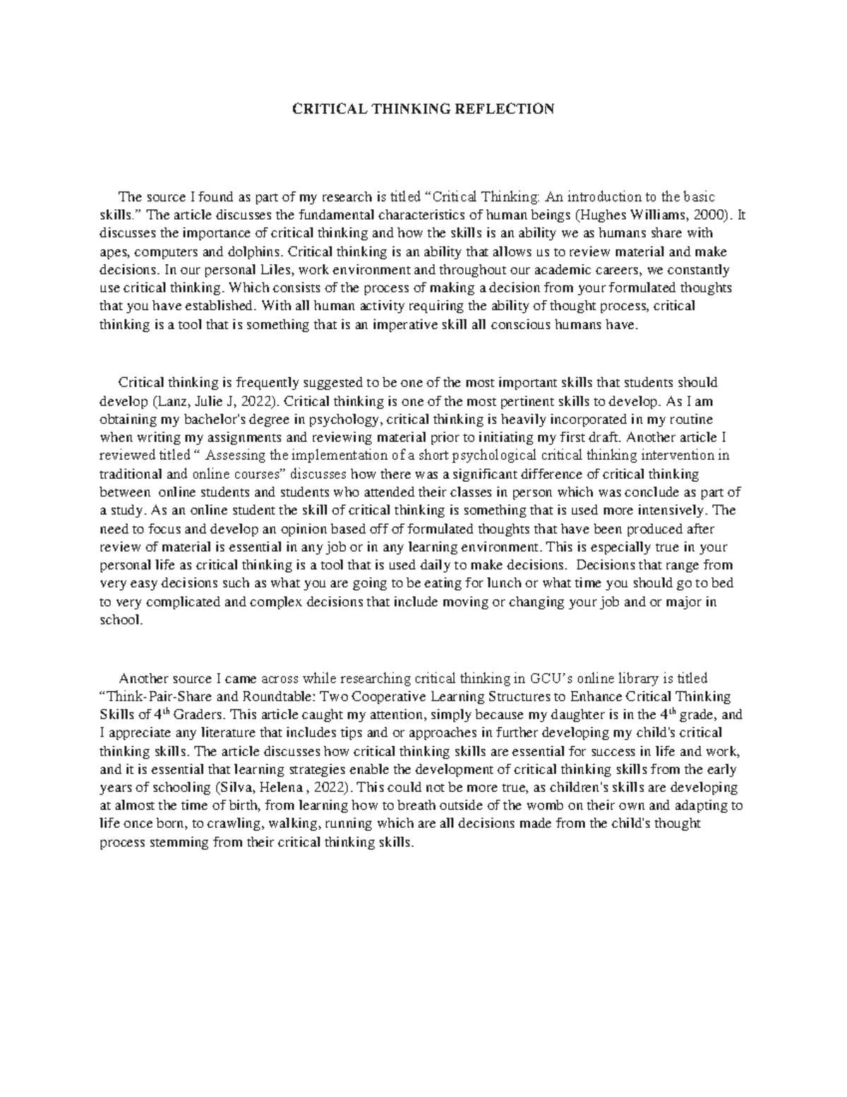 Critical Thinking Reflection - Studocu