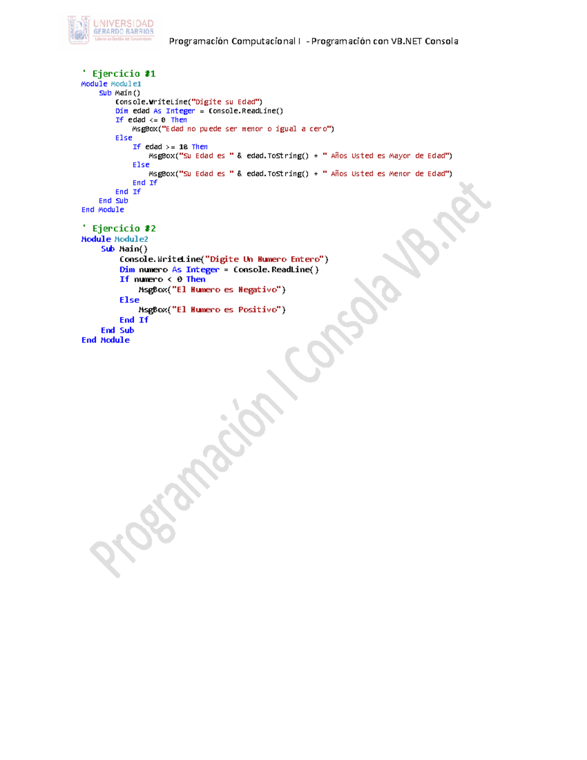 Programacion I Consola Vb Net - ' Ejercicio Module Module Sub Main() Console("Digite su - Studocu