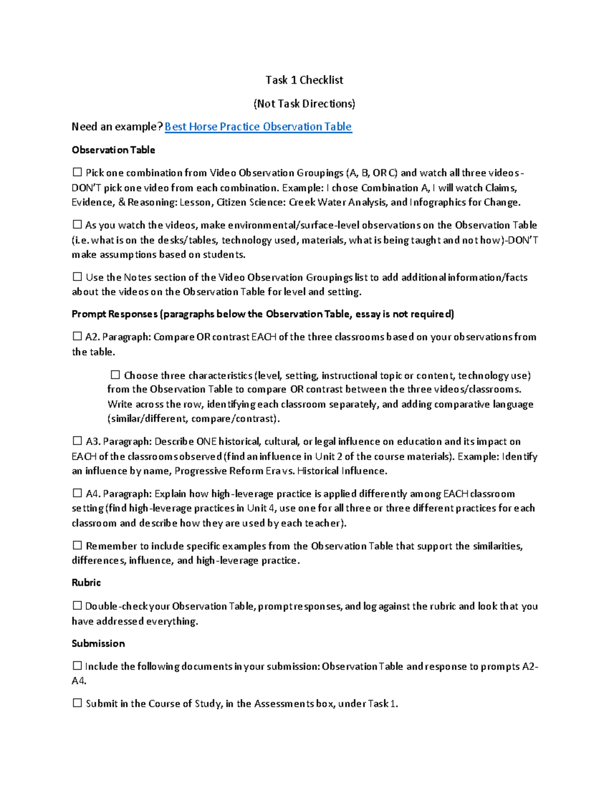 Task 1 Checklist - Task 1 Checklist (Not Task Directions) Need an ...