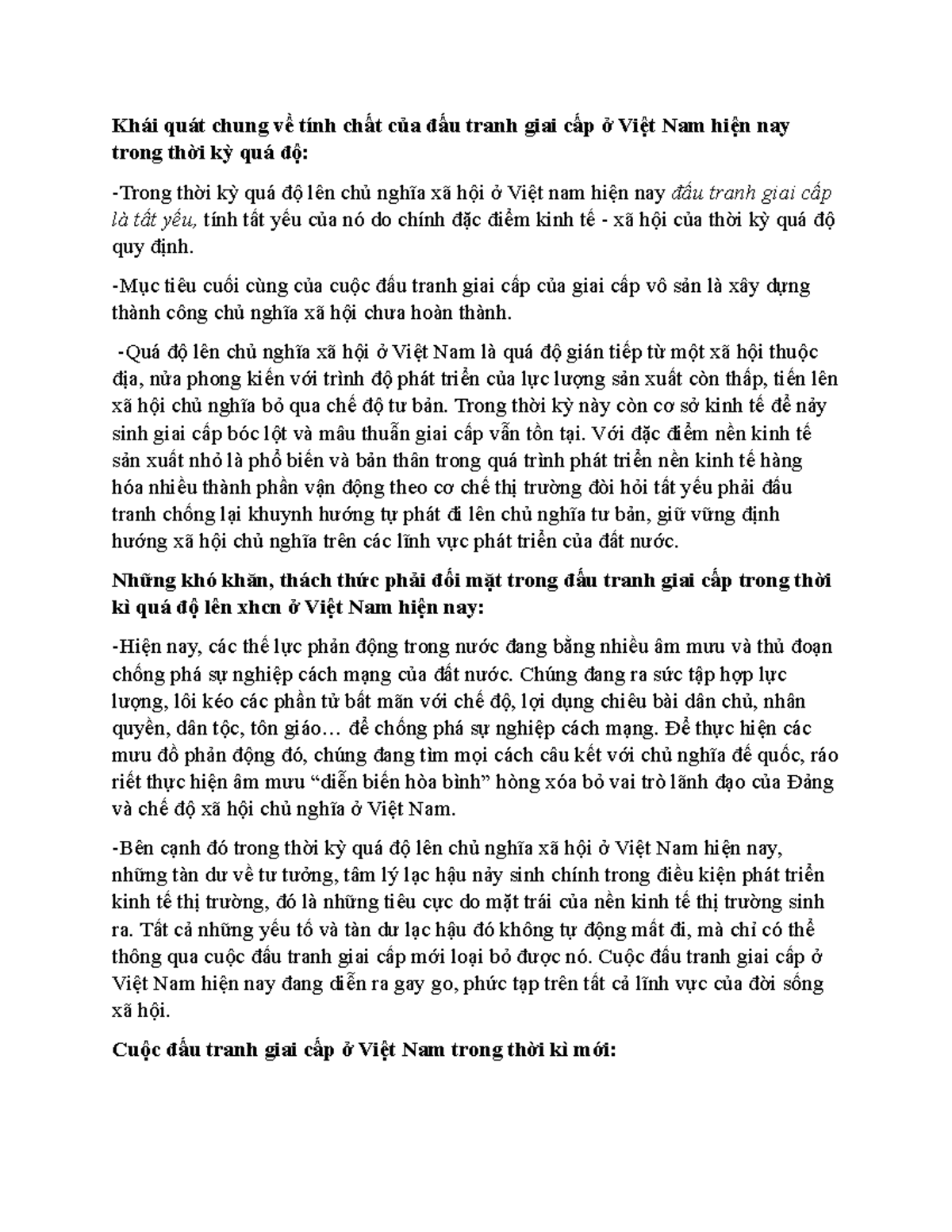 Đấu tranh giai cấp trong thời kì quá độ lên cnxh ở Việt Nam hiện nay ...