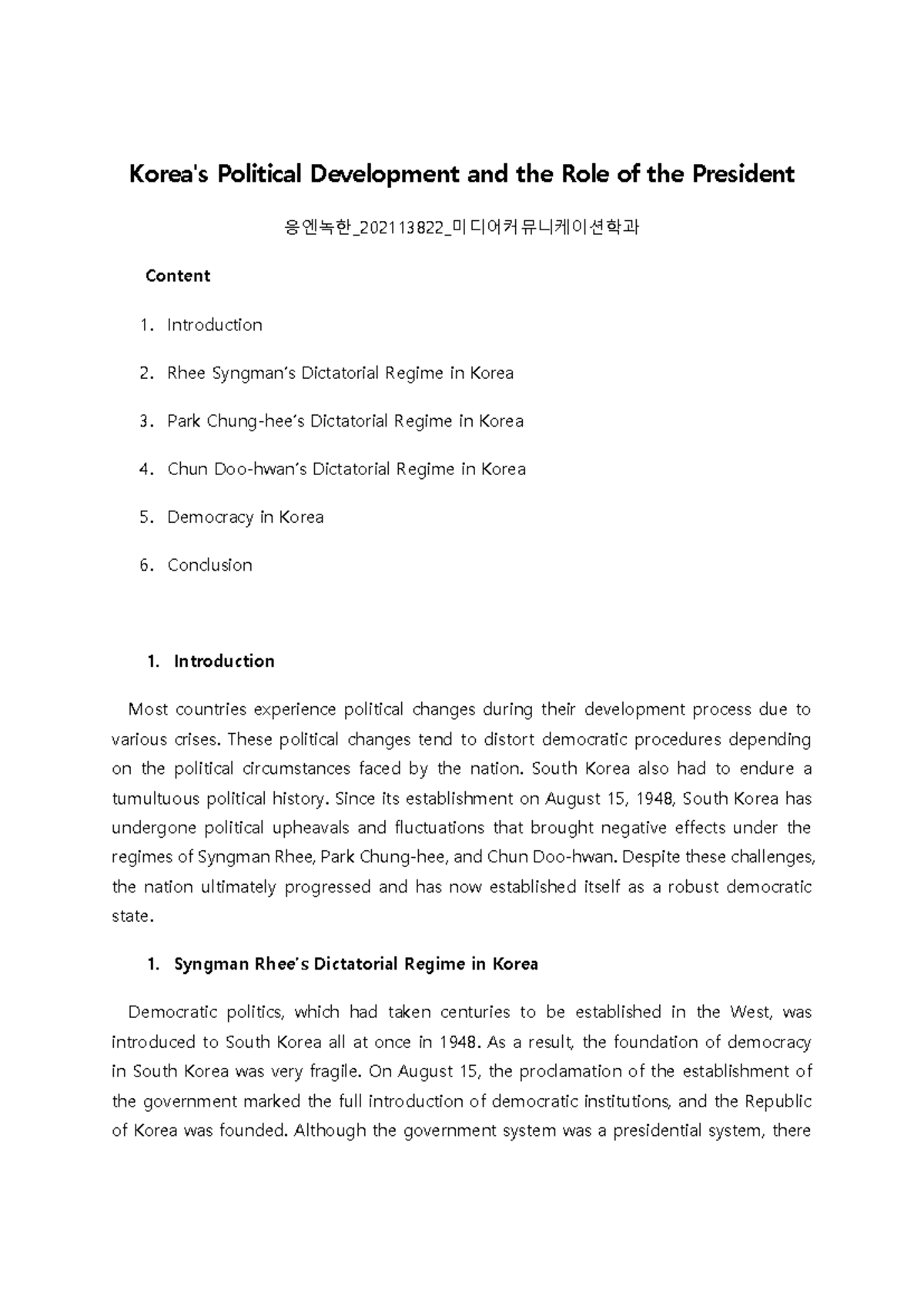 Korea Essay 응엔녹한 202113822 - Korea's Political Development and the Role ...