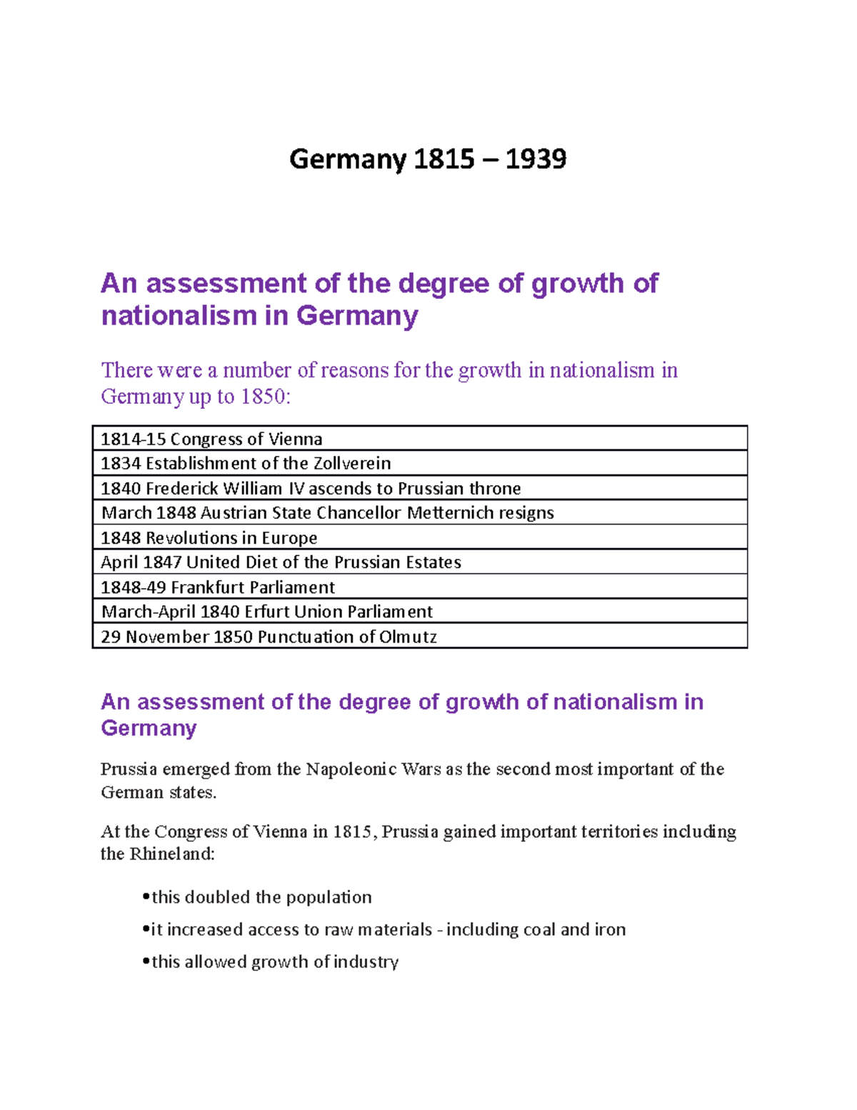 The degree of growth in german nationalism - Germany 1815 – 1939 An ...